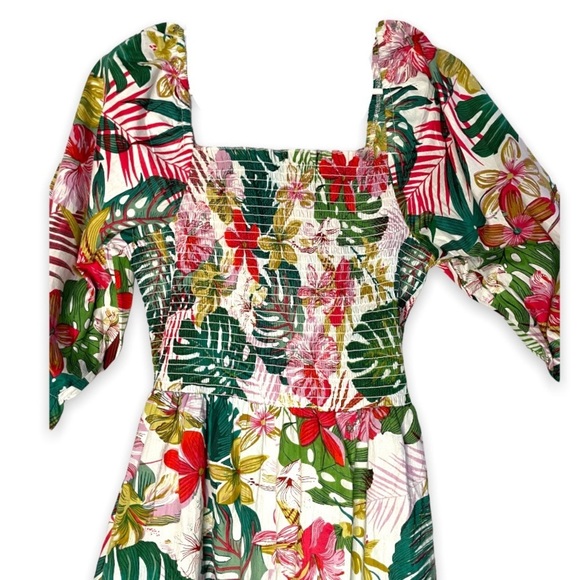 J Gee | Dresses | Tropical Floral Monstera Print Dress Puff Sleeve ...